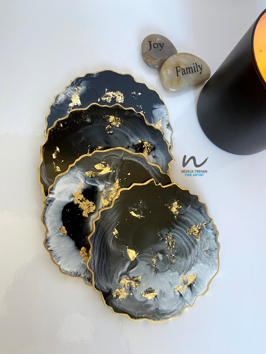Marble Style Black & white Resin Coasters (set of 4) – www.neerjatrehan.com